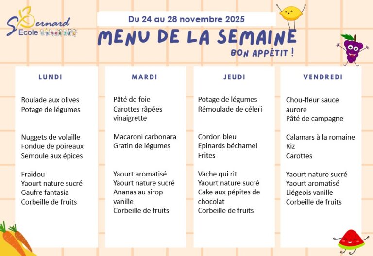 Menu du 1er au 4 décembre 2025 – Ecole Saint-Bernard Cambrai