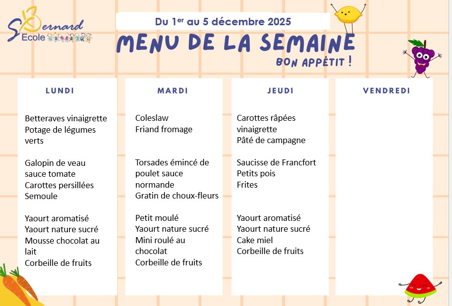 Menu du 1er au 4 décembre 2025 – Ecole Saint-Bernard Cambrai